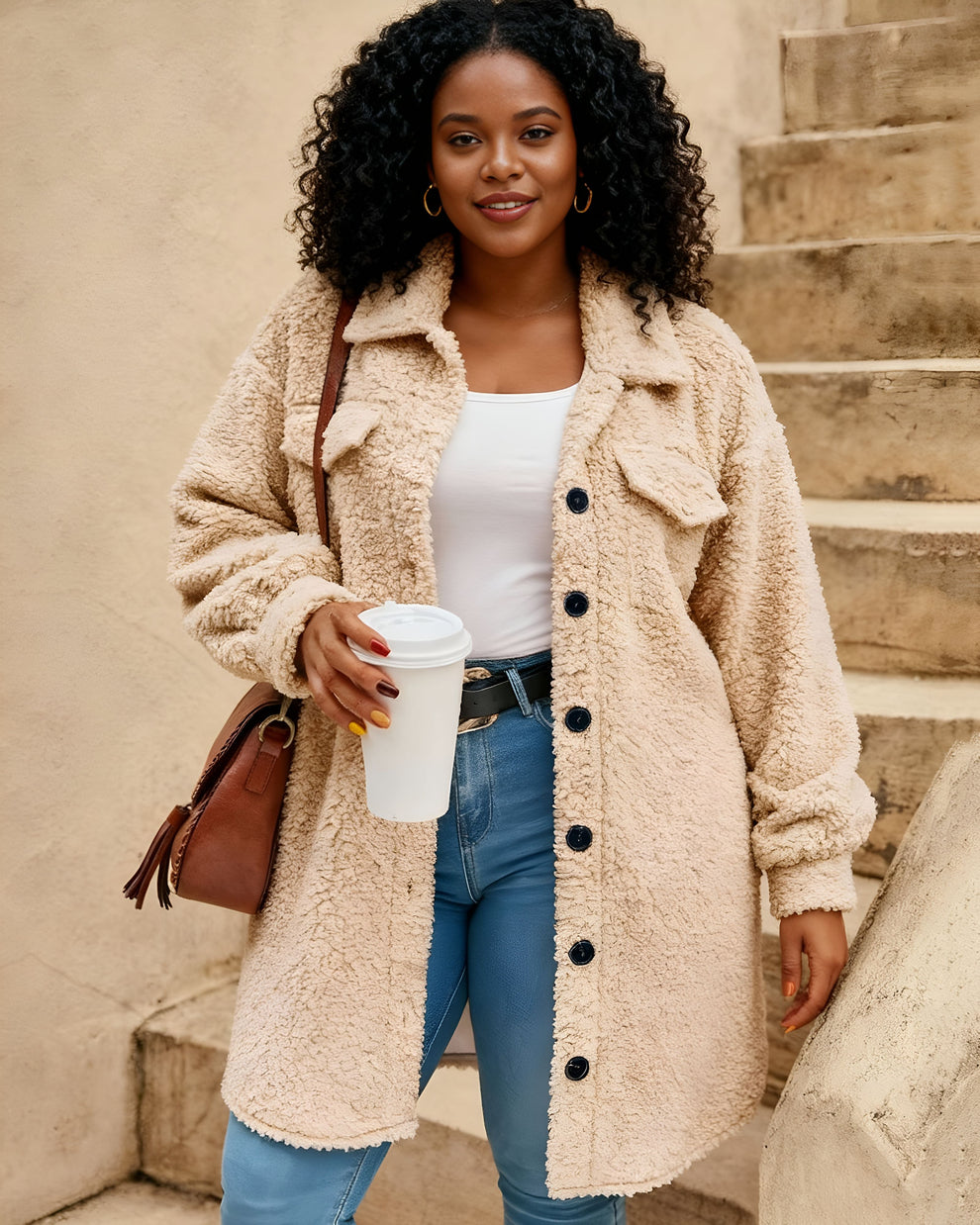 Open Button Lel Plush Coat Loose Elegant Commuter Long Coat – guygoto